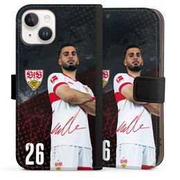 DeinDesign iPhone 14 Handy Klapph&uuml;lle Handyh&uuml;lle aus Kunst Leder schwarz Flip Case Official Licensed Product Deniz Undav Vfb Stuttgart Sideflip mit Lasche