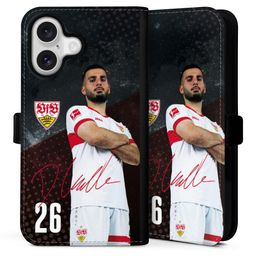 DeinDesign iPhone 16 Handy Klapph&uuml;lle Handyh&uuml;lle aus Kunst Leder schwarz Flip Case Official Licensed Product Deniz Undav Vfb Stuttgart Sideflip mit Lasche