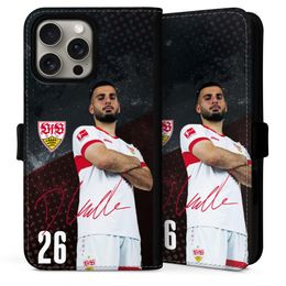 DeinDesign iPhone 16 Pro Handy Klapph&uuml;lle Handyh&uuml;lle aus Kunst Leder schwarz Flip Case Official Licensed Product Deniz Undav Vfb Stuttgart Sideflip mit Lasche