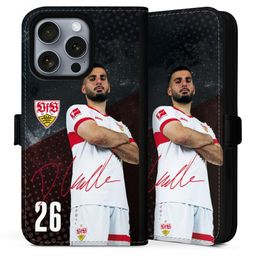 DeinDesign iPhone 16 Pro Max Handy Klapph&uuml;lle Handyh&uuml;lle aus Kunst Leder schwarz Flip Case Official Licensed Product Deniz Undav Vfb Stuttgart Sideflip mit 