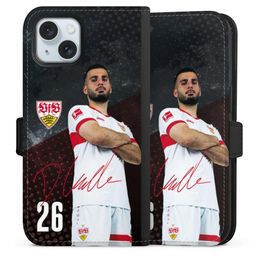 DeinDesign iPhone 15 Handy Klapph&uuml;lle Handyh&uuml;lle aus Kunst Leder schwarz Flip Case Official Licensed Product Deniz Undav Vfb Stuttgart Sideflip mit Lasche