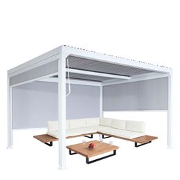 Alu Pergola MCW-L41 mit 3x Seitenwand, Lamellen-Pavillon, stabiles 8cm-Metall-Gestell 3x3,7m ~ wei&szlig;