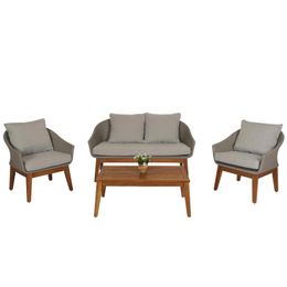 Gartengarnitur MCW-N37, Garten-/Lounge-Set Sofa Sitzgruppe, Poly-Rattan Holz Akazie ~ grau, Kissen hellgrau
