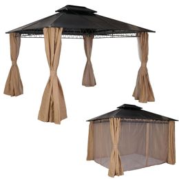 Hardtop Pergola MCW-M81, Pavillon, Aluminium Dachstreben 7cm-Stahlgestell mit Seitenwand und Moskitonetz 3,6x3m ~ creme