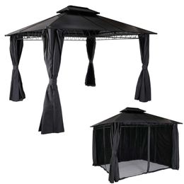 Hardtop Pergola MCW-M81, Pavillon, Aluminium Dachstreben 7cm-Stahlgestell mit Seitenwand und Moskitonetz 3,6x3m ~ grau