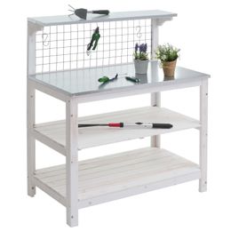 Pflanztisch MCW-N55, G&auml;rtnertisch Blumentisch Pflanzregal, Holz MVG-zertifiziert verzinkte Platte, 117x102x56cm ~ wei&szlig;