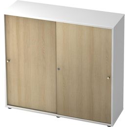 eurokraft pro Schiebetürenschrank, 2 Fachböden, Mitteltrennwand, weiß / Eiche