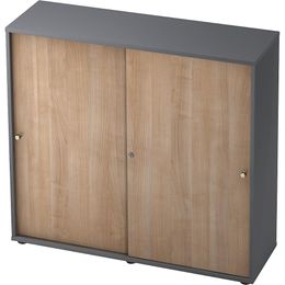 eurokraft pro Schiebetürenschrank, 2 Fachböden, Mitteltrennwand, graphit / Nussbaum-Dekor