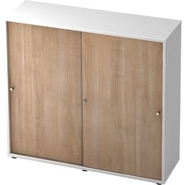 eurokraft pro Schiebetürenschrank, 2 Fachböden, Mitteltrennwand, weiß / Nussbaum-Dekor