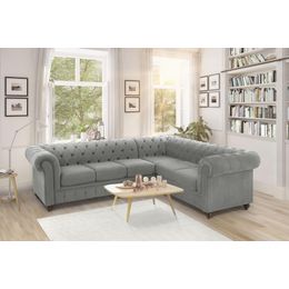 Chesterfield-Sofa Home Affaire "Duc Ecksofa L-Form", grau (hellgrau), B:255cm H:74cm T:214cm, Samtoptik (100% Polyester);Samtoptik (100% Polyester);Luxus-Microfaser Lederoptik (100% Polyester), Sofas, hochwertige Knopfheftung im Rücken, Samtoptik mit changierender Optik