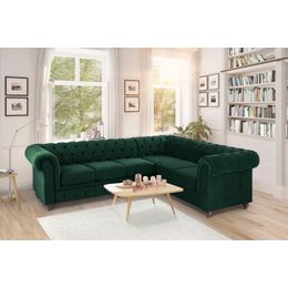Chesterfield-Sofa Home Affaire "Duc Ecksofa L-Form", grün, B:255cm H:74cm T:214cm, Samtoptik (100% Polyester);Samtoptik (100% Polyester);Luxus-Microfaser Lederoptik (100% Polyester), Sofas, hochwertige Knopfheftung im Rücken, Samtoptik mit changierender Optik
