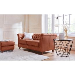 Chesterfield-Sofa Home Affaire "Reims", braun (cognac), B:180cm H:76cm T:88cm, Samtoptik (100% Polyester), Sofas, mit echter Chesterfield-Knopfheftung, hochwertige Verarbeitung
