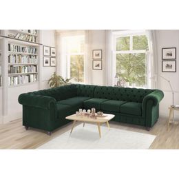 Chesterfield-Sofa Home Affaire "Duc Ecksofa L-Form", grün, B:255cm H:74cm T:214cm, Samtoptik (100% Polyester);Samtoptik (100% Polyester);Luxus-Microfaser Lederoptik (100% Polyester), Sofas, hochwertige Knopfheftung im Rücken, Samtoptik mit changierender Optik