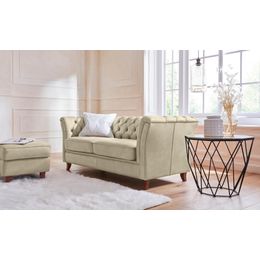 Chesterfield-Sofa Home Affaire "Reims", beige (creme), B:180cm H:76cm T:88cm, Samtoptik (100% Polyester), Sofas, mit echter Chesterfield-Knopfheftung, hochwertige Verarbeitung