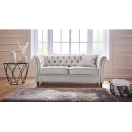 Chesterfield-Sofa Home Affaire "Reims", grau (hellgrau), B:180cm H:76cm T:88cm, Samtoptik (100% Polyester), Sofas, mit echter Chesterfield-Knopfheftung, hochwertige Verarbeitung