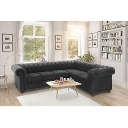 Chesterfield-Sofa Home Affaire "Duc Ecksofa L-Form", grau (anthrazit), B:255cm H:74cm T:214cm, Samtoptik (100% Polyester);Samtoptik (100% Polyester);Luxus-Microfaser Lederoptik (100% Polyester), Sofas, hochwertige Knopfheftung im Rücken, Samtoptik mit changierender Optik