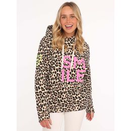 Sweater Zwillingsherz ""Alissa LEO"", Damen, Gr. LXL (L/XL), beige (hellbeige), Sweatware, Obermaterial: 50% Baumwolle, 50% Polyester, animal-print, Modisch, comfort fit hüftlang, V-Ausschnitt, Sweatshirts, mit SMILE Print