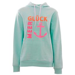 Sweatshirt Zwillingsherz, Damen, Gr. SM (S/M), grün (hellgrün), Sweatware, Obermaterial: 80% Baumwolle, 20% Polyester, unifarben, Casual, normal hüftbedeckend, V-Ausschnitt, Sweatshirts, mit Kapuze, Frontprint, Rückenprint