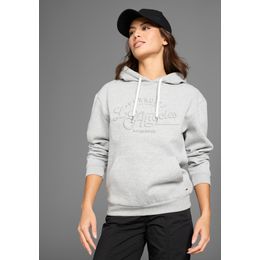 Kapuzensweatshirt Kangaroos, Damen, Gr. 36/38 (S), grau (hell grau melange), angeraute Sweatware, Obermaterial: 80% Baumwolle, 20% Polyester. Kapuzenfutter: 100% Baumwolle. Bündchen: 95% Baumwolle, 5% Elasthan, bedruckt, meliert, metallic, Casual, figurumspielend hüftlang, Rundhals, Rippbündchen, Sweatshirts, mit gestanztem Druck