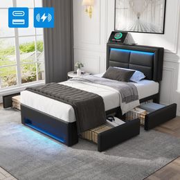 Flieks Polsterbett 90x200cm mit USB, Stauraumbett Einzelbett mit Lattenrost und 4 Schubladen, Jugendbett mit LED, Holzbett Funktionsbett, PU, Schwarz
