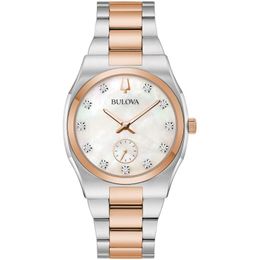Bulova Quarzuhr Armbanduhr, Damenuhr, Perlmuttzifferblatt, Diamant, Edelstahlarmband silberfarben-roségoldfarben Zauberhafte Armbanduhr für Damen