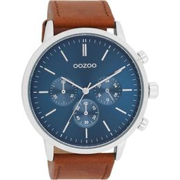 Oozoo Quarzuhr Armbanduhr, Herrenuhr, Lederarmband, Chrono-Look braun-blau Mondäne Armbanduhr für Herren im Chrono-Look