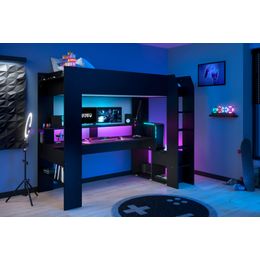 Hochbett Parisot "Gaming-Bett, mit Schreibtisch, USB Anschluss, LED, viel Stauraum", schwarz, mit LED LED-Beleuchtung, Liegefläche B/L: 90cm x 200cm, kein Härtegrad, kein Härtegrad, Hochbetten, ideal für kleine Räume, TOPSELLER