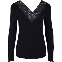 Pieces Damen Langarmshirt "PCSIRI LS TOP NOOS", schwarz, Gr. S, Single Jersey, Obermaterial: 95% Viskose, 5% Elasthan, Shirts, mit Spitzenkante am