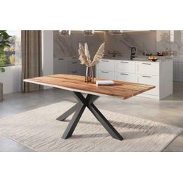Baumkantentisch Akazie natur mit schwarzen Resin-Adern 220 x 100 cm Spider-Gestell schwarz POLLY