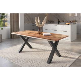 Baumkantentisch Akazie natur mit schwarzen Resin-Adern 220 x 100 cm X-Gestell schwarz POLLY