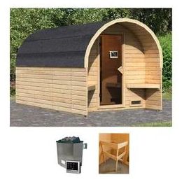 Fasssauna Karibu "Fasshaus 3", beige (naturbelassen), Saunaofen, externe Steuerung, 9 kW, Saunen, 9-kW-Ofen mit externer Steuerung