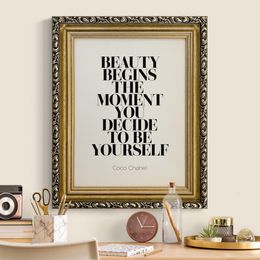 Gerahmtes Leinwandbild Be yourself Coco Chanel in Creme