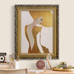 Gerahmtes Leinwandbild Dame mit Hut in Gold