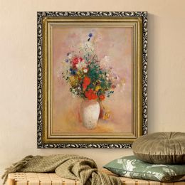 Bild mit Barockrahmen Antik - Odilon Redon - Vase mit Blumen (rosenfarbener Hintergrund) - Blumen modern Barock bunt edle Optik Wohnzimmer