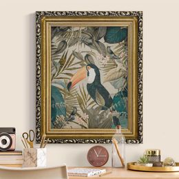 Gerahmtes Leinwandbild Vintage Collage - Tukan im Dschungel
