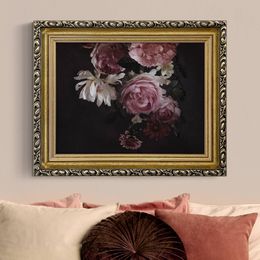 Gerahmtes Leinwandbild Rosa Blumen auf Schwarz Vintage