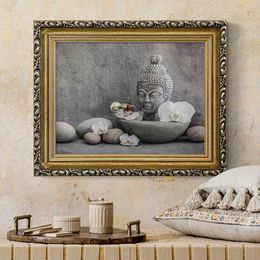 Gerahmtes Leinwandbild Zen Buddha, Orchideen und Steine