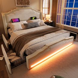 Flieks Polsterbett 160x200cm mit USB & Type-C, Stauraumbett Doppelbett mit 4 Schubladen & LED, Holzbett Jugendbett mit Lattenrost, Samt, Beige