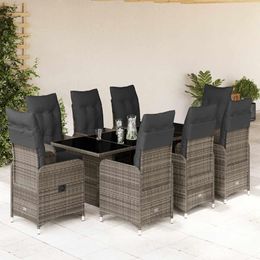 vidaXL 9-tlg. Garten-Bistro-Set mit Kissen Grau Poly Rattan