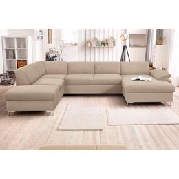 Wohnlandschaft DOMO collection "Santana mit viel Platz, komfortabel, moderner Fu&szlig;, bequeme Armlehne", beige, B:352cm H:79cm T:90cm, Microfaser PRIMABELLE (100% Polyester);Microfaser PRIMABELLE (100% Polyester);Struktur fein ( 100% Polyester), Sofas, Wohnlandschaft, wahlweise mit Bettfunktion, U-Form