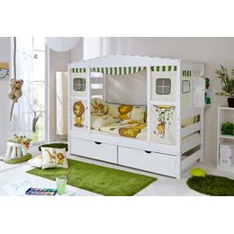 Kinderbett Ticaa "Lio", weiß (kiefer massiv weiß gewachst), B:96,6cm, Betten, Hausbett, inkl. Schubkasten und Rollrost