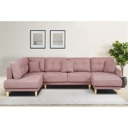 Wohnlandschaft Home Affaire "TRIPLO U-Form wahlweise mit Schlaffunktion, B/T/H: 310/192/90 cm", rosa (flamingo), B:310cm H:90cm T:192cm, 92% Polyester, 8% Nylon, Sofas, Wohnlandschaft, Schlafsofa, auch mit Bettkasten, Steppung im R&uuml;ckenkissen