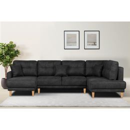 Wohnlandschaft Home Affaire "TRIPLO U-Form wahlweise mit Schlaffunktion, B/T/H: 310/192/90 cm", grau (anthrazit), B:310cm H:90cm T:192cm, 100% Polyester, Sofas, Wohnlandschaft, Schlafsofa, auch mit Bettkasten, Steppung im R&uuml;ckenkissen