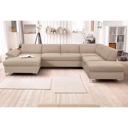 Wohnlandschaft DOMO collection "Santana mit viel Platz, komfortabel, moderner Fu&szlig;, bequeme Armlehne", beige, B:352cm H:79cm T:90cm, Microfaser PRIMABELLE (100% Polyester);Microfaser PRIMABELLE (100% Polyester);Struktur fein ( 100% Polyester), Sofas, Wohnlandschaft, wahlweise mit Bettfunktion, U-Form