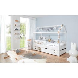 Hausbett Ticaa "Traumhaus", weiß (kiefer massiv weiß), B:96cm H:169cm L:209cm, Betten, Hausbett, inkl. Schubkasten, Rollrost und Matratze