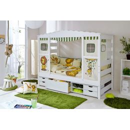 Kinderbett Ticaa "Lio", weiß (kiefer massiv weiß gewachst), B:96,6cm, Betten, Hausbett, inkl. Schubkasten und Rollrost