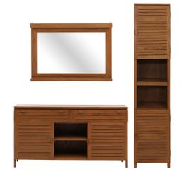 Mendler Teak-Badezimmer-Set HWC-M87, Waschtisch Hochschrank Wandspiegel Badezimmer, hochwertiges B-Grade-Tea 106760+106761+106764+1067645+106759