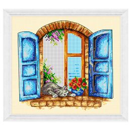 Stickbild - Katze am Fenster