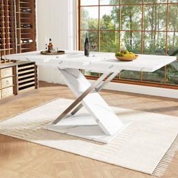 Flieks Esstisch, Ausziehtisch mit Kreuzbeinen, Tisch für Esszimmer Wohnzimmer, 118-157cm lang, weiß