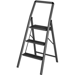 Trittleiter Wenko "Modell Alu-Compact", grau (grau, schwarz), B:48cm H:114,5cm L:6cm, Aluminium, Kunststoff, Leitern, leichte & rutschfeste Haushaltsleiter, belastbar bis 150 kg, klappbar